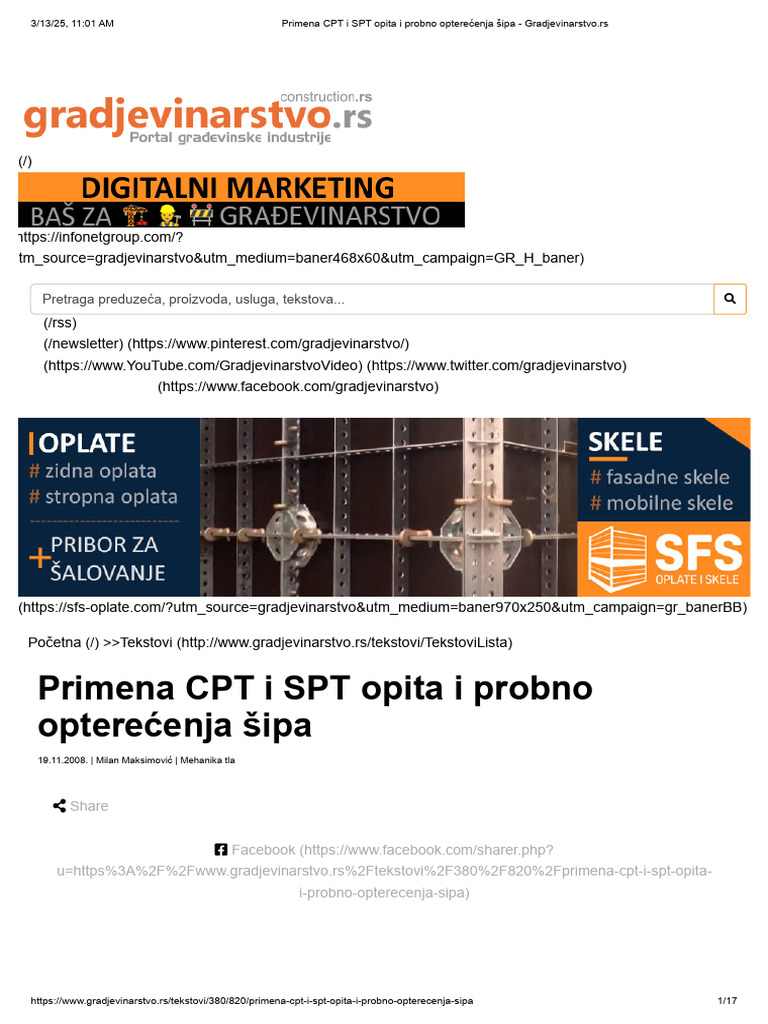 Primena CPT I SPT Opita I Probno Opterećenja Šipa - Gradjevinarstvo - Rs | PDF