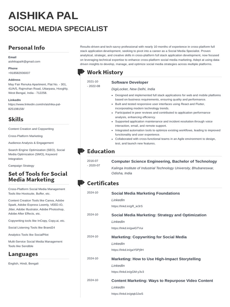 Aishika Pal: Social Media Specialist Profile | PDF | Cross Platform ...