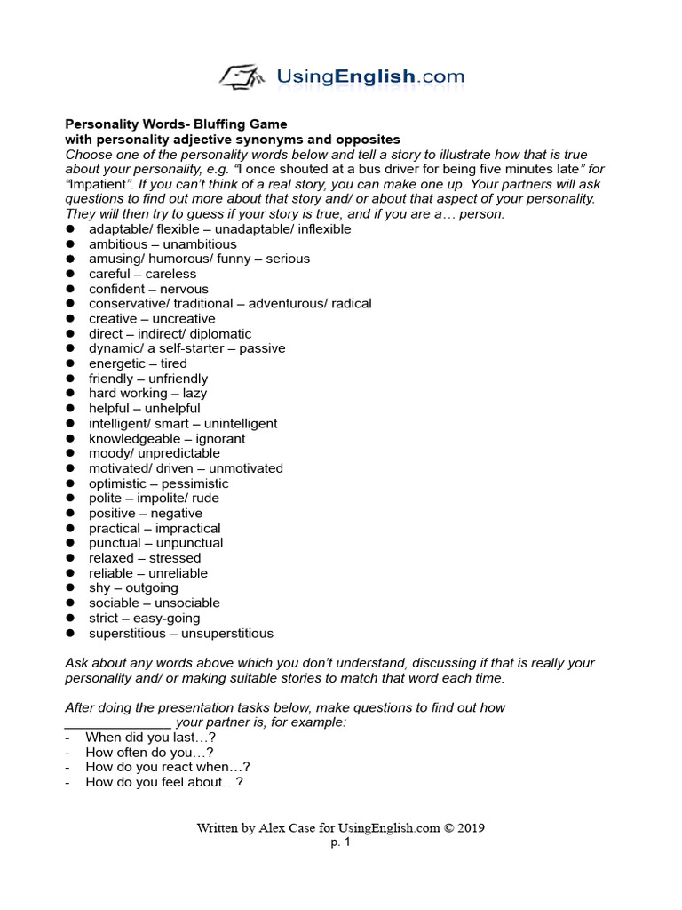 Personality Words Bluffing Game | PDF | Linguistics | Grammar
