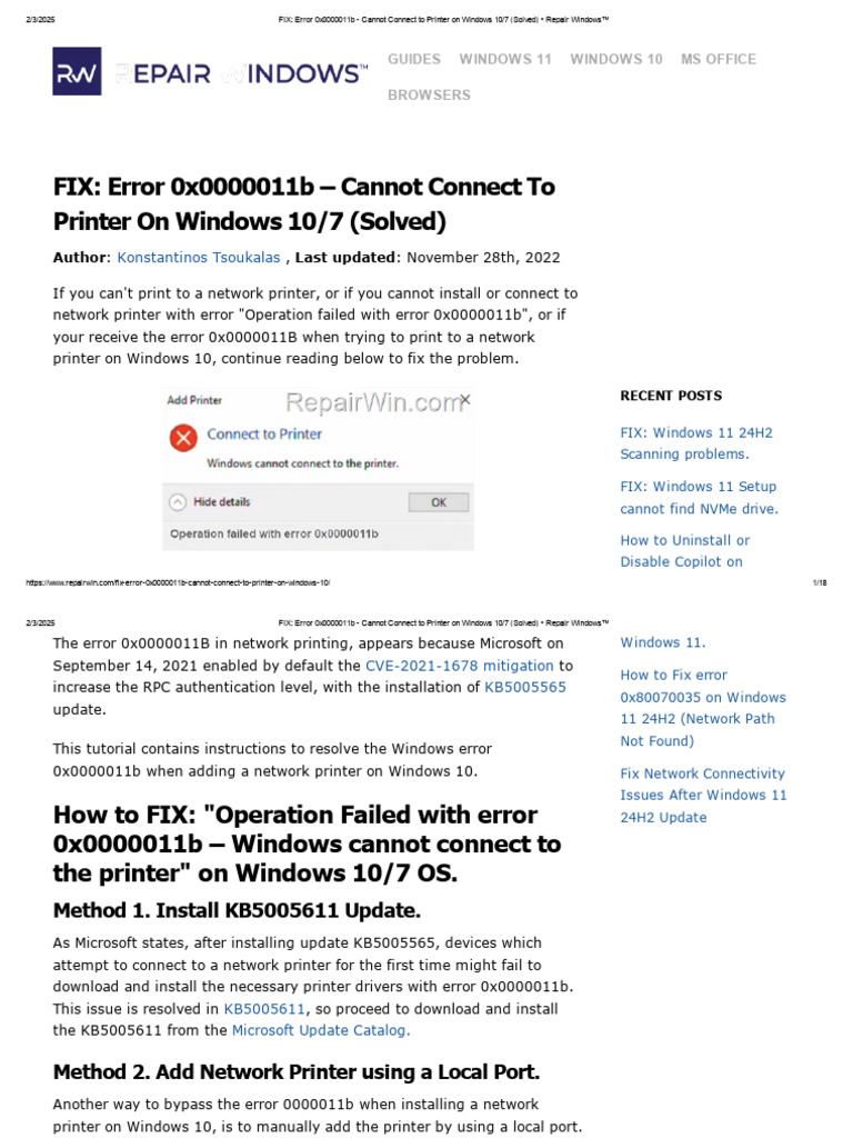 FIX - Error 0x0000011b - Cannot Connect To Printer On Windows 10 - 7 ...