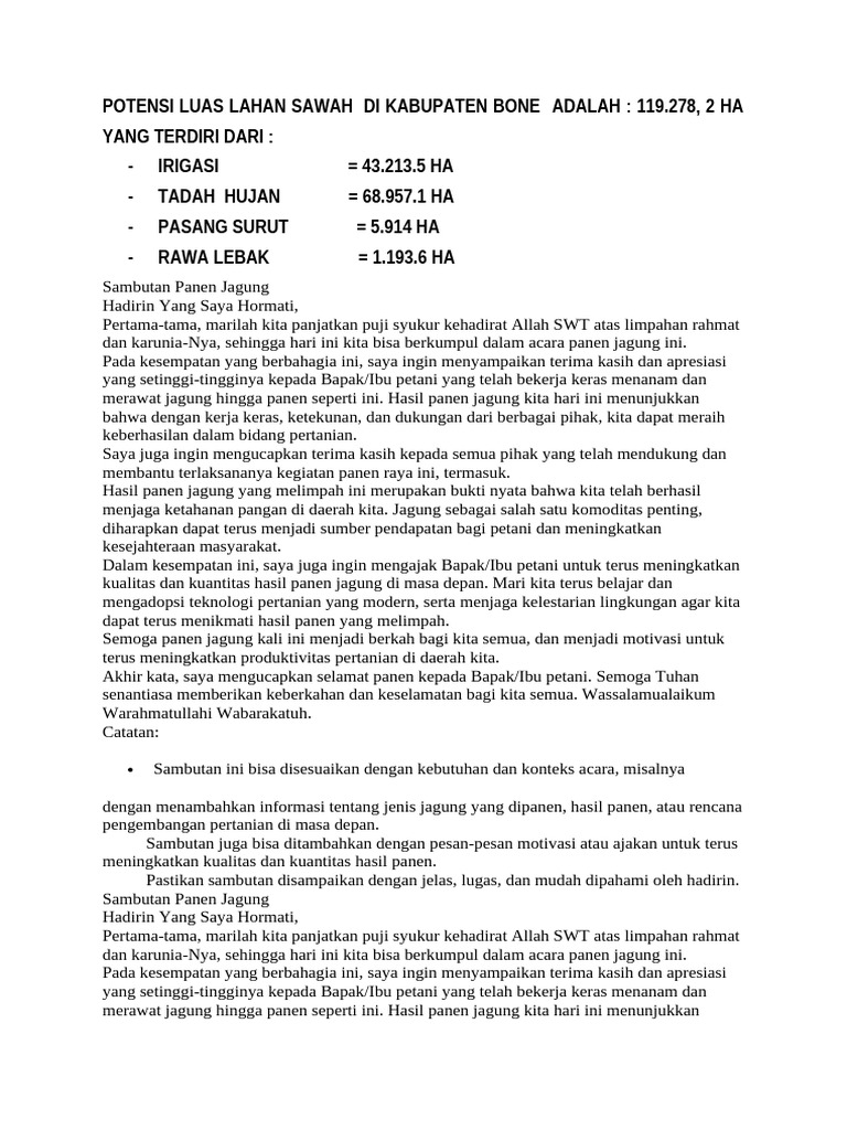 Potensi Luas Lahan Sawah Di Kabupaten Bone Adalah | PDF