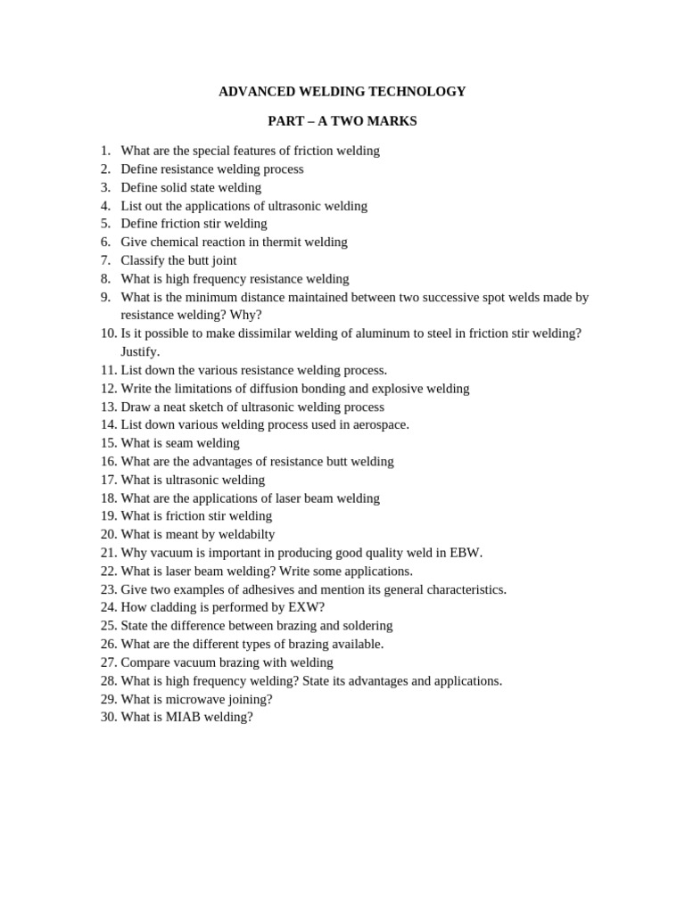 Advanced Welding Technology Important 2 Marks and 16 Marks | PDF ...