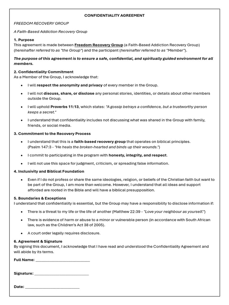 Freedom Recovery Group Confidentiality Agreement | PDF ...