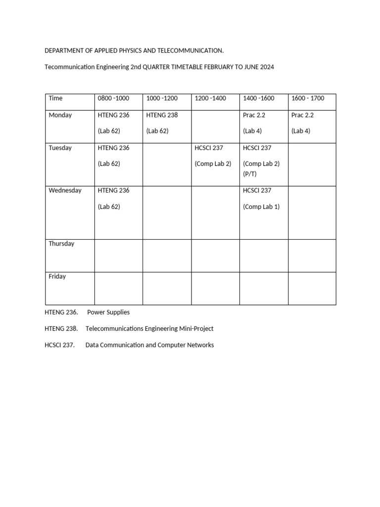 Telecom Engineering Timetable Q2 2024 | PDF