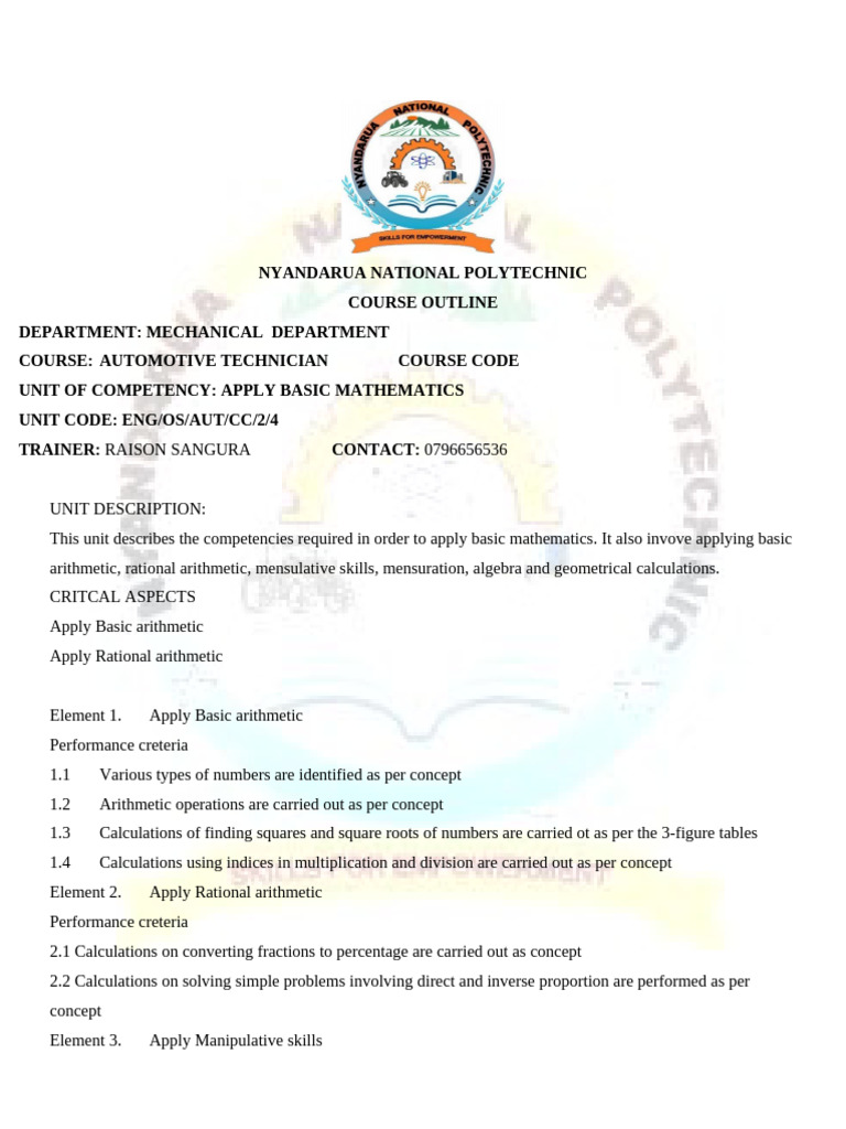 Course - outliNE MATH AT L4 25J | PDF | Arithmetic | Equations