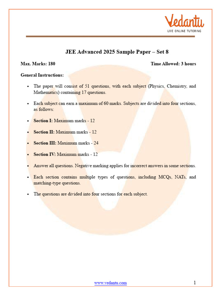 JEE Advanced Sample Question Paper Set 8 With Answer Keys - FREE PDF ...