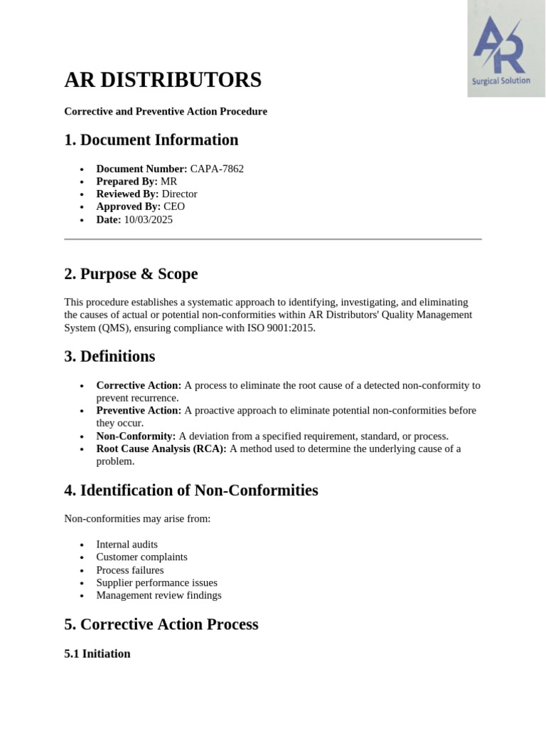 Corrective and Preventive Action Procedure | PDF | Business Process ...