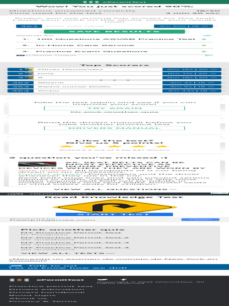 New York Practice Permit Test (NY) 2024 + FREE Answers | PDF | Seat ...