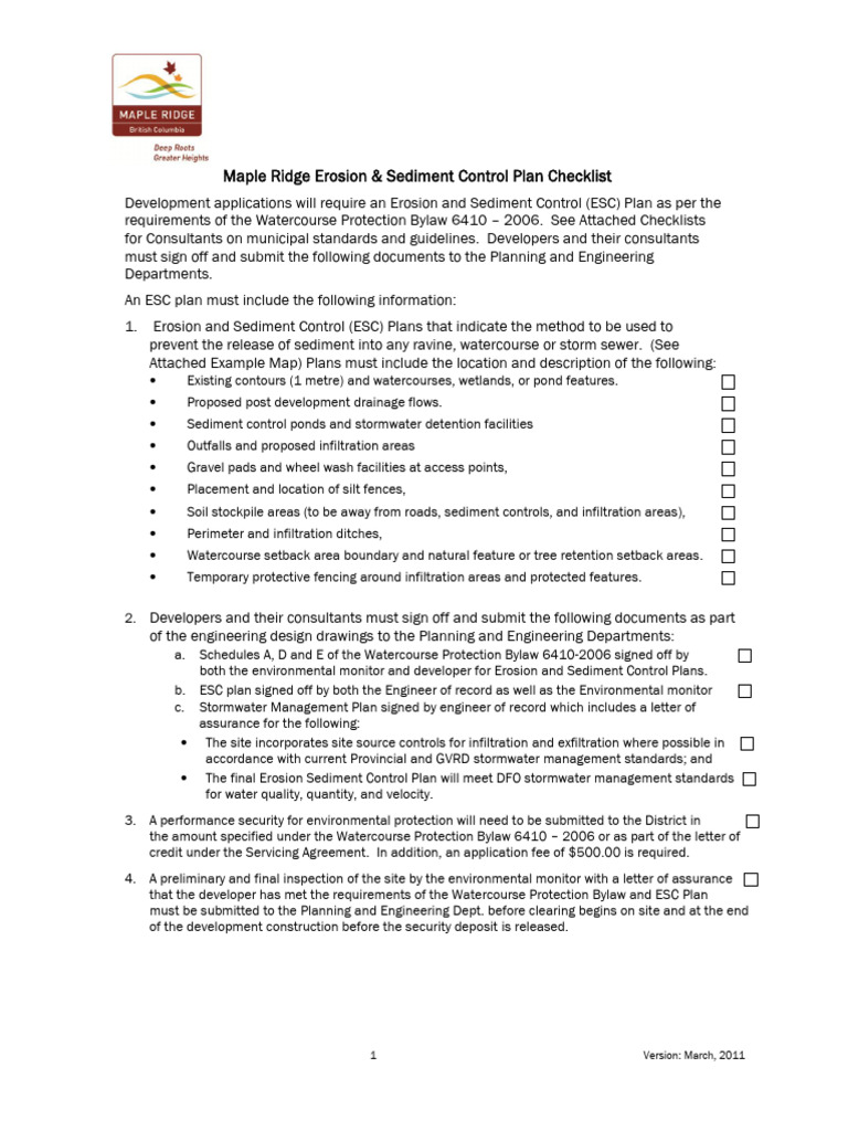 Maple - Ridge - Erosion & Sediment Control Checklist | PDF | Surface Runoff | Stormwater