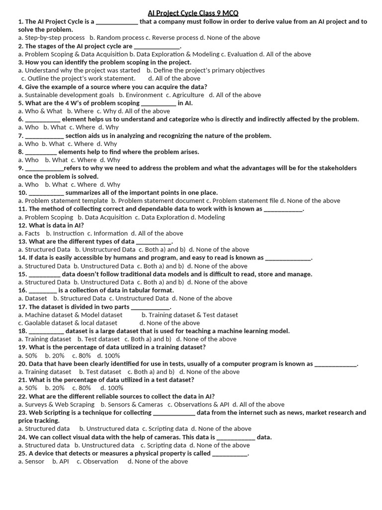 AI Project Cycle Class 9 MCQ | PDF | Artificial Intelligence | Intelligence (AI) & Semantics