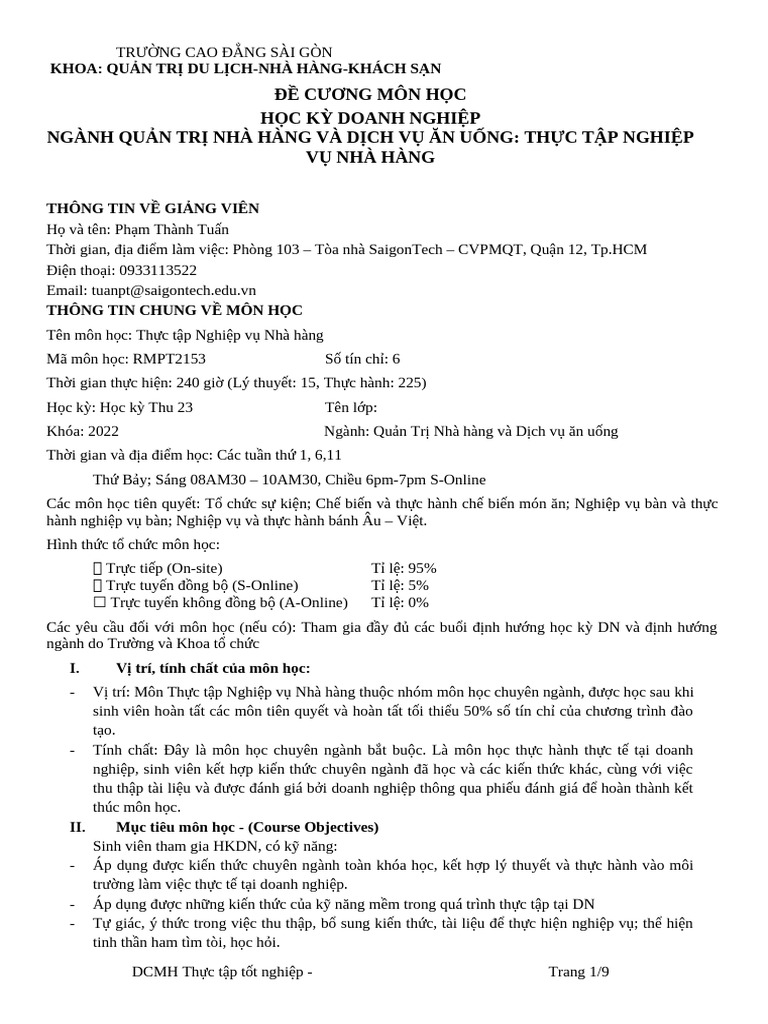 ĐCMH-NV NHÀ HÀNG-THỰC TẬP TẠI DN final | PDF