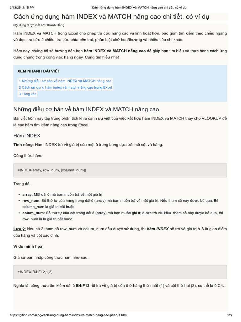 Cách NG D NG Hàm INDEX Và MATCH Nâng Cao | PDF