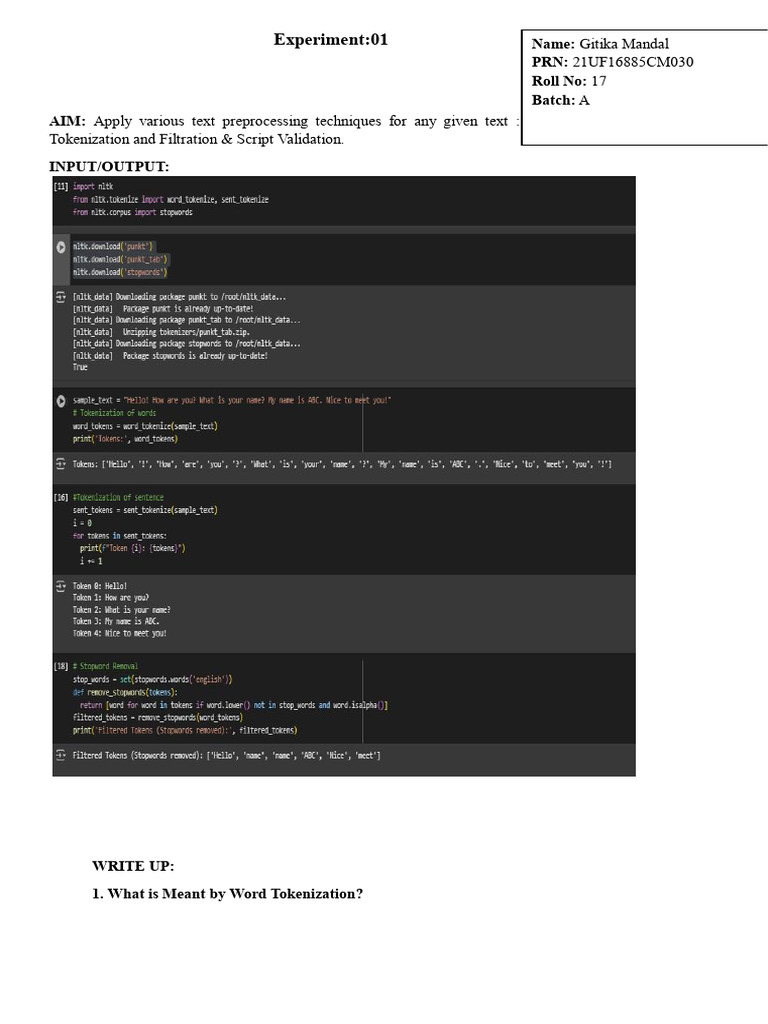 Gitika Mandal BE4 A 17 NLP EXP1 | PDF | Word | Optical Character ...