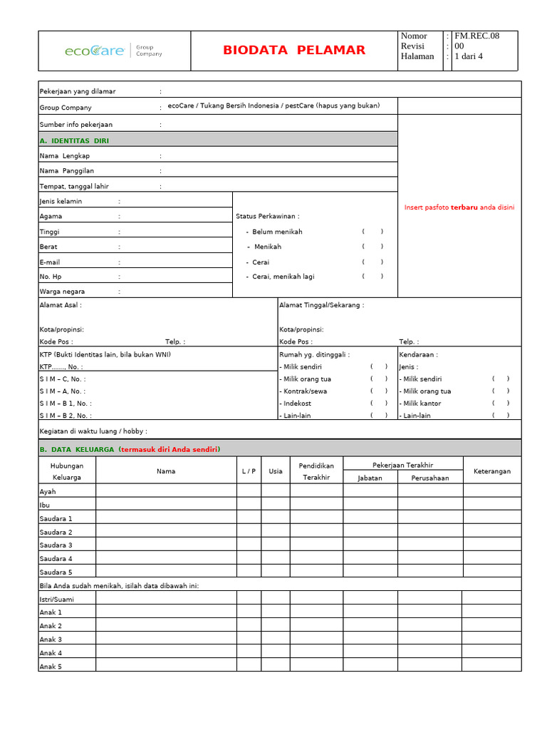 (Nama) - Recruitment Form Ecocare Group Company | PDF