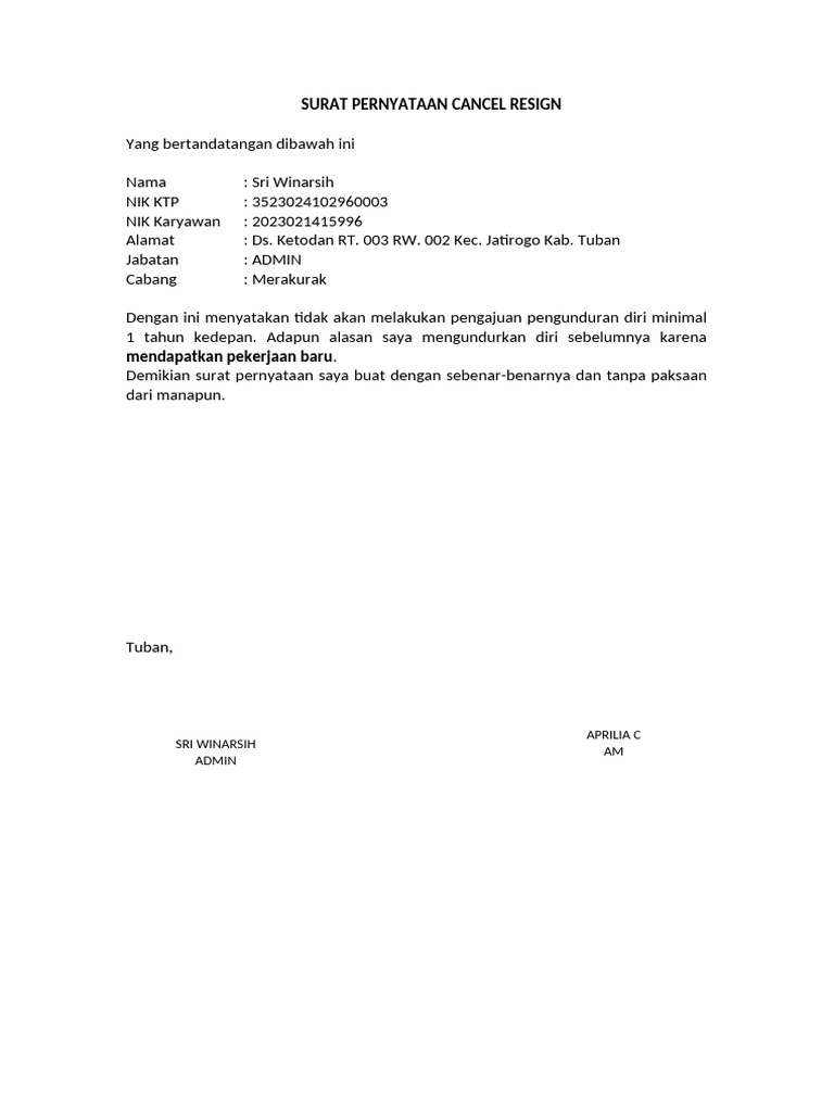 Surat Pernyataan Cancel Resign | PDF