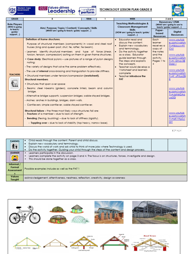 Lesson Plan GR 8 Technology T1 W2 3 | PDF | Beam (Structure) | Bridge