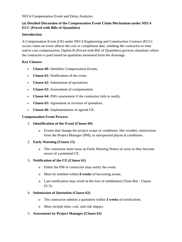 NEC4 Compensation Event and Delay Analysis | PDF | Alternative Dispute ...