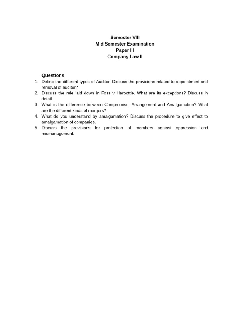 Company Law II Mid-Semester Question Paper | PDF