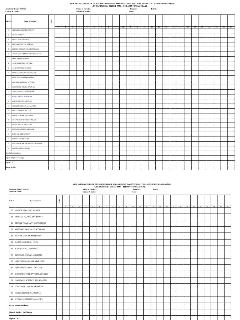 Attendance Sheet for Polytechnic 2024-25 | PDF