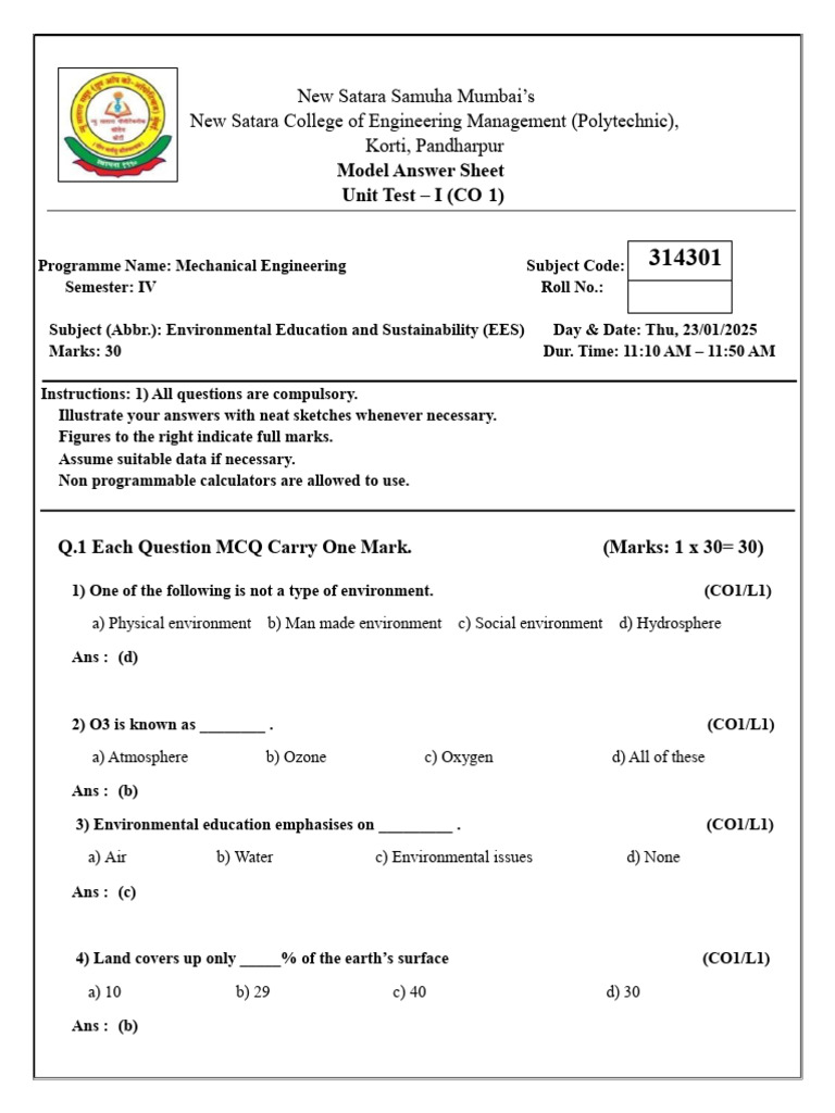 Environmental Education Unit Test 1 | PDF | Water | Carbon Monoxide