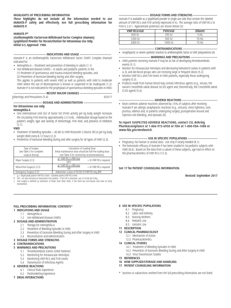 Humate P Prescribing Information | PDF | Bleeding | Dose (Biochemistry)