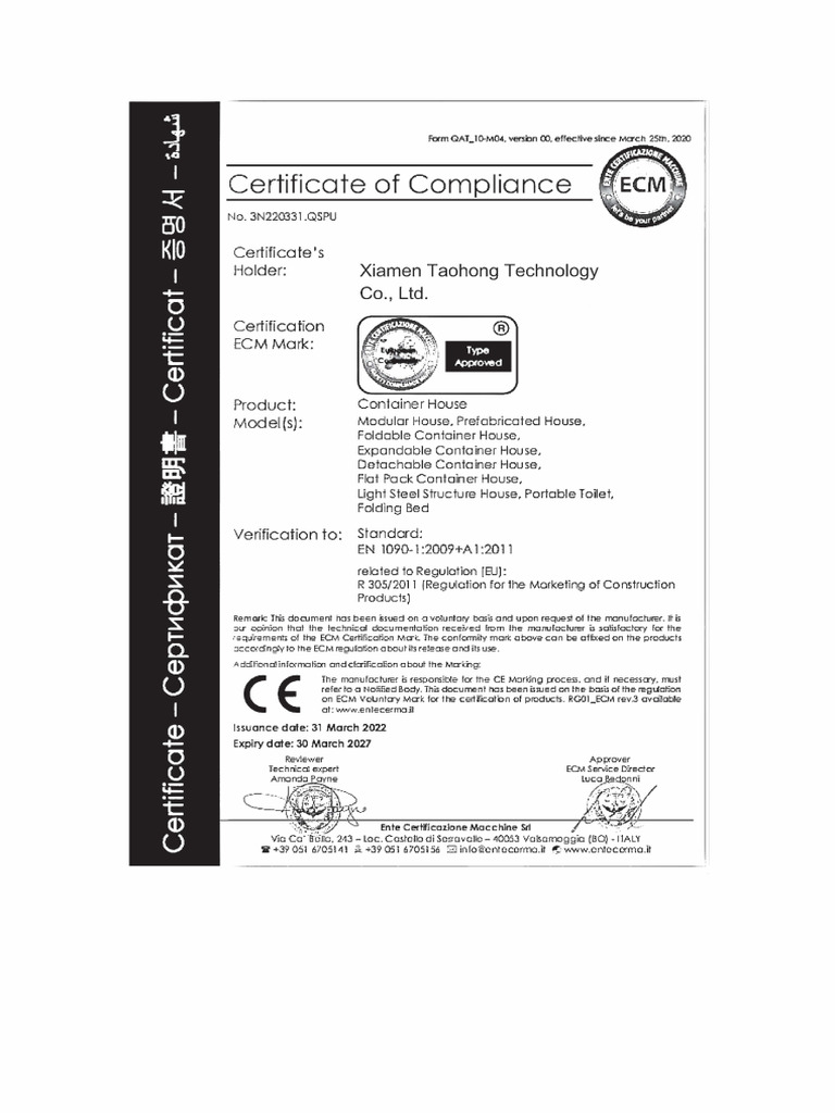 Taohong - Ce Certificate of Container House | PDF