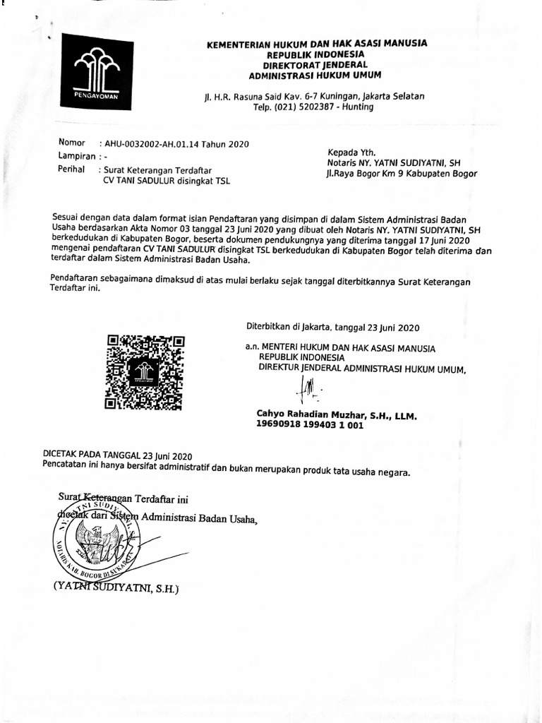 Akta Pendirian CV Tani Sadulur | PDF