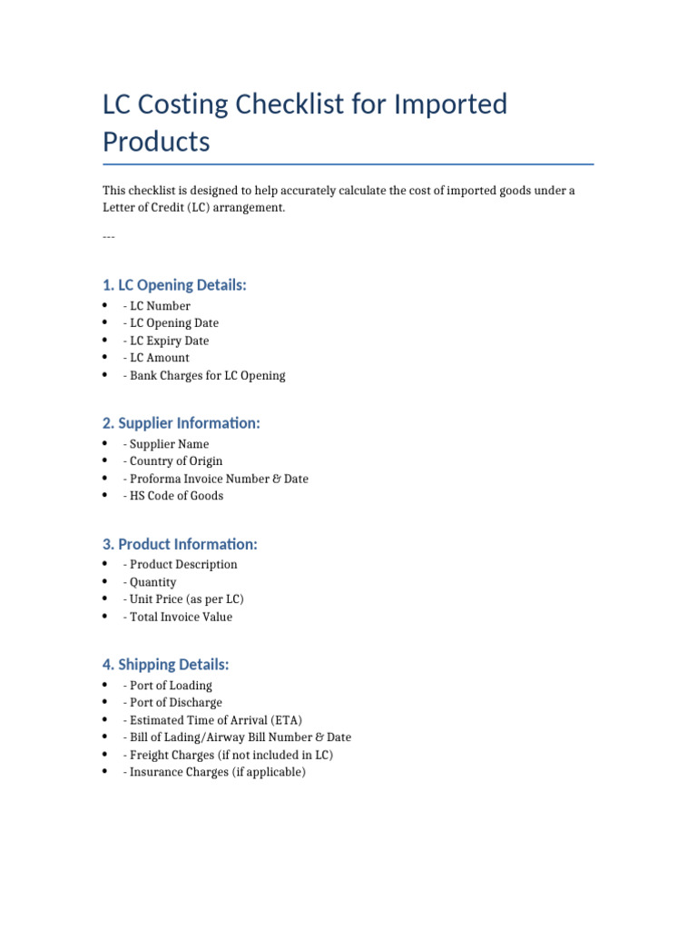 LC Costing Checklist | PDF