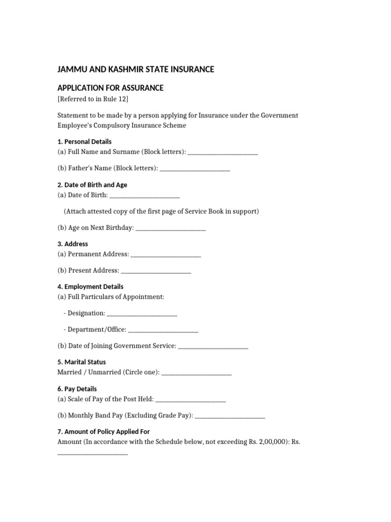 J&K State Insurance Application Form | PDF | Insurance