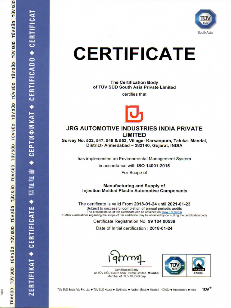 Iso 14001-2015 Certificate | PDF