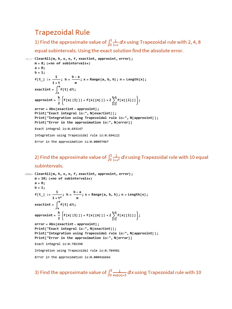 Trapezoidal Rule Integration Examples | PDF | Integral | Approximation