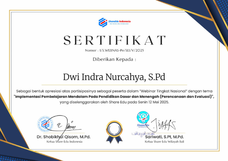 Sertifikat-Webinar-ShareEdu-20250512 - Dwi Indra Nurcahya, S.pd | PDF