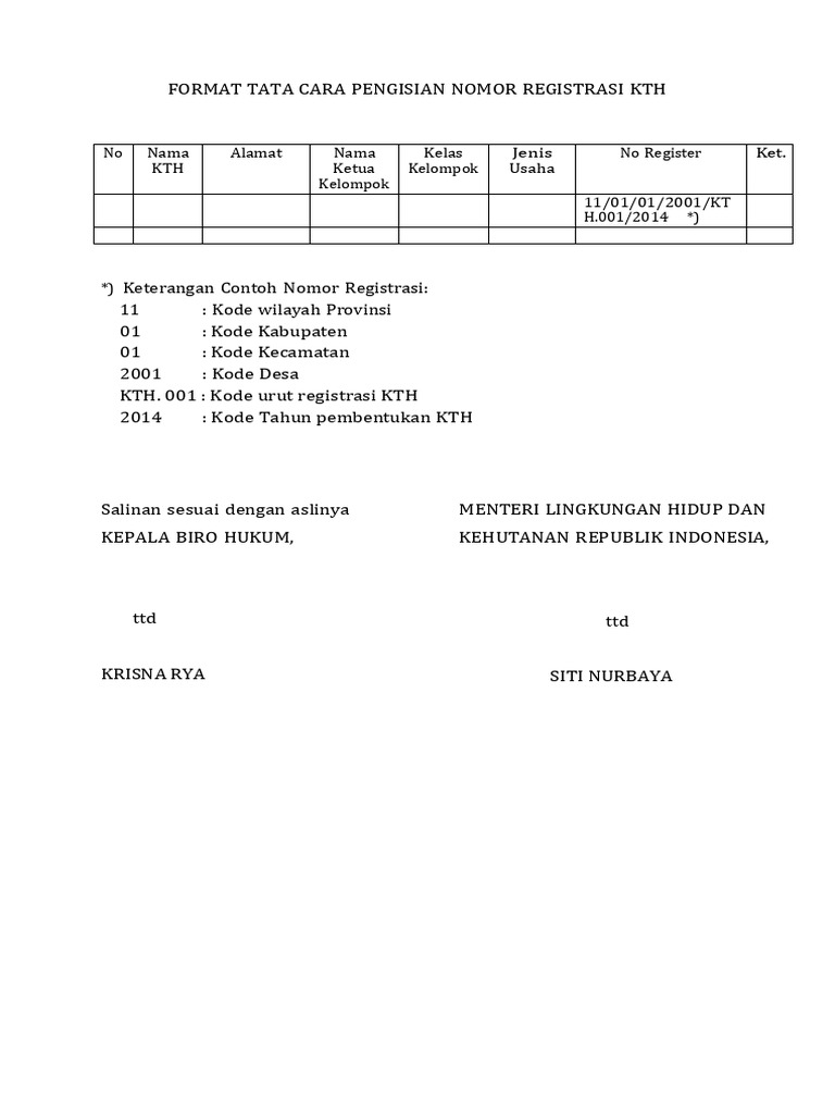 Format Pengisian Nomor Registrasi KTH | PDF