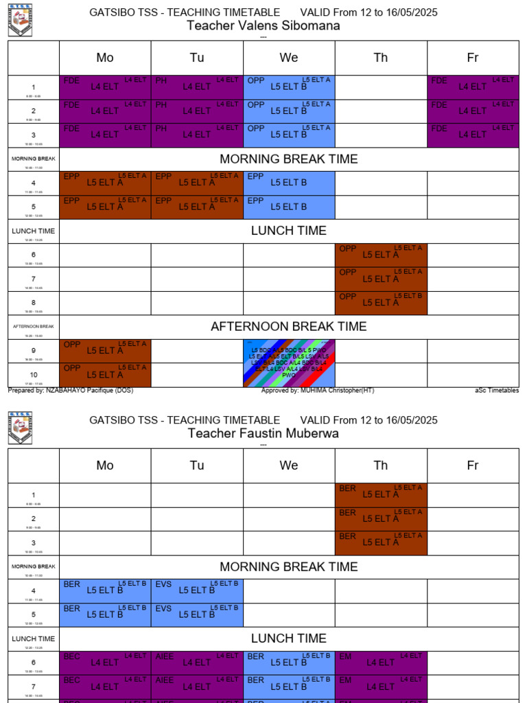 Gatsibo TSS Teaching Timetable 2025 | PDF