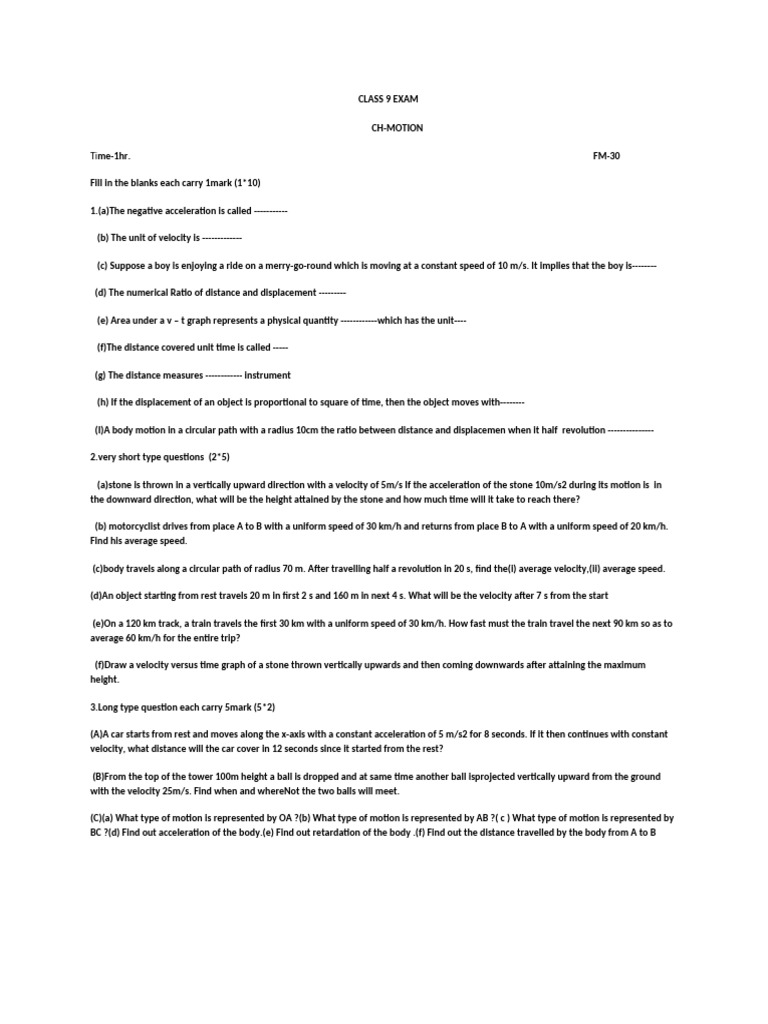 Class 9 Motion Exam Questions | PDF | Acceleration | Speed