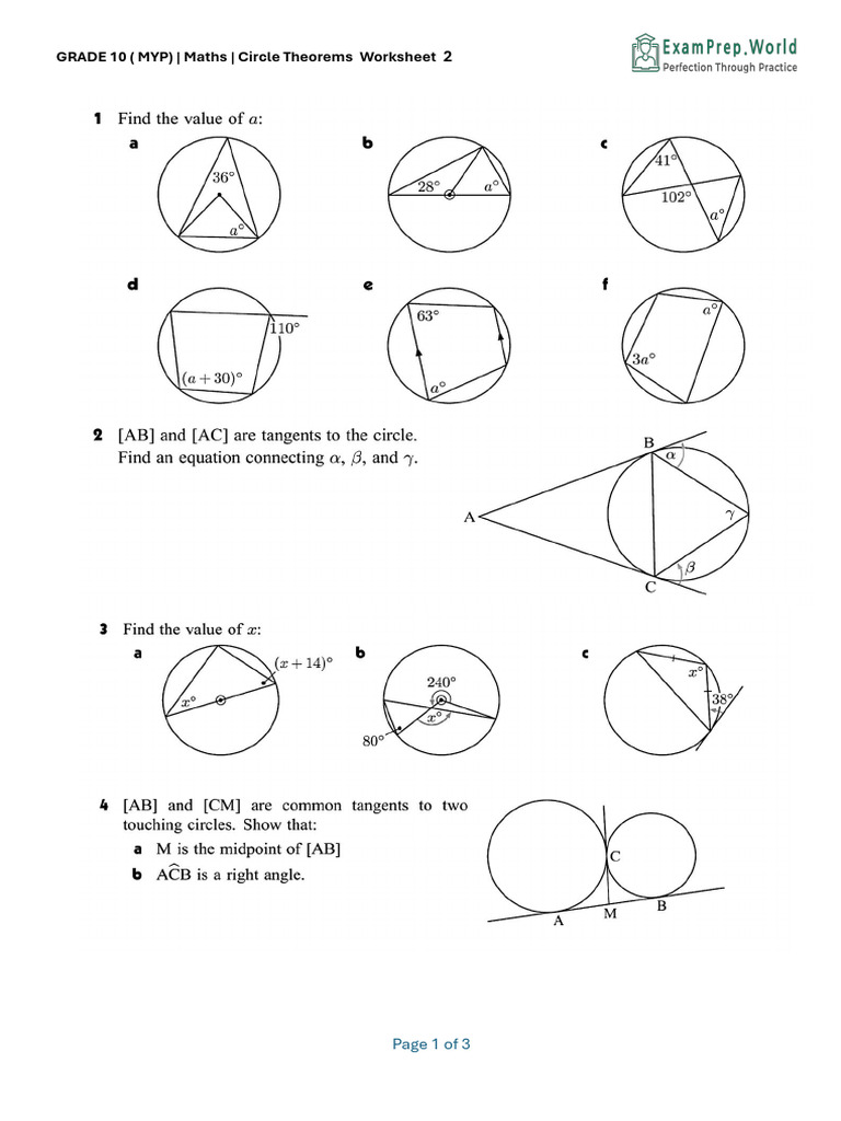 Circle Theorems Worksheet 2 | PDF