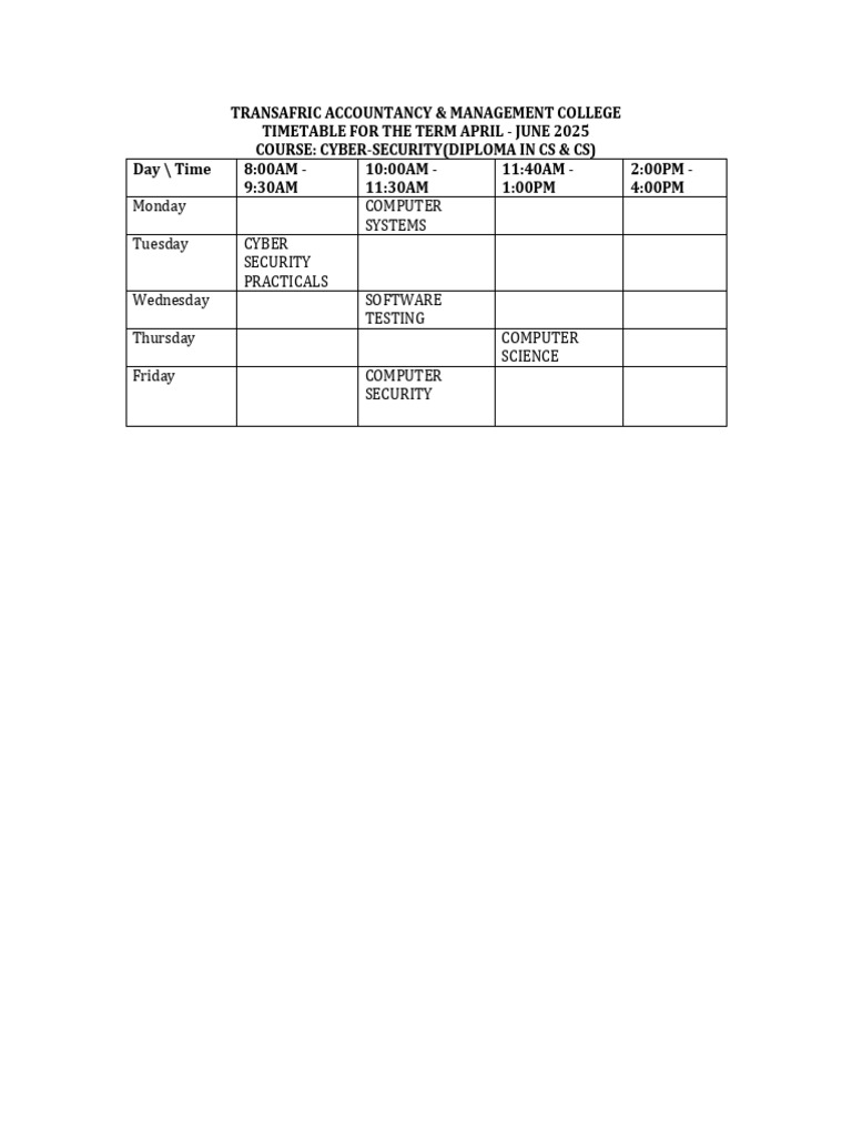 Ict Timetable April-June 2025 Diploma in Cs | PDF
