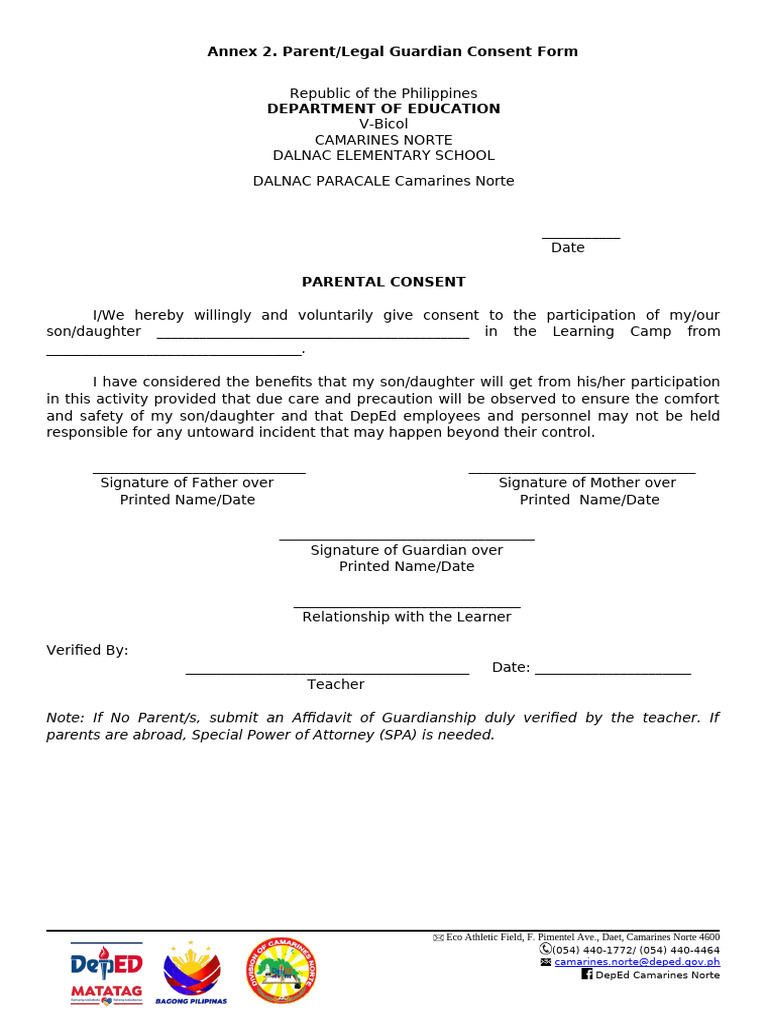 Annex 2 NLC Parent Consent | PDF | Human Life Stages | Kinship And Descent