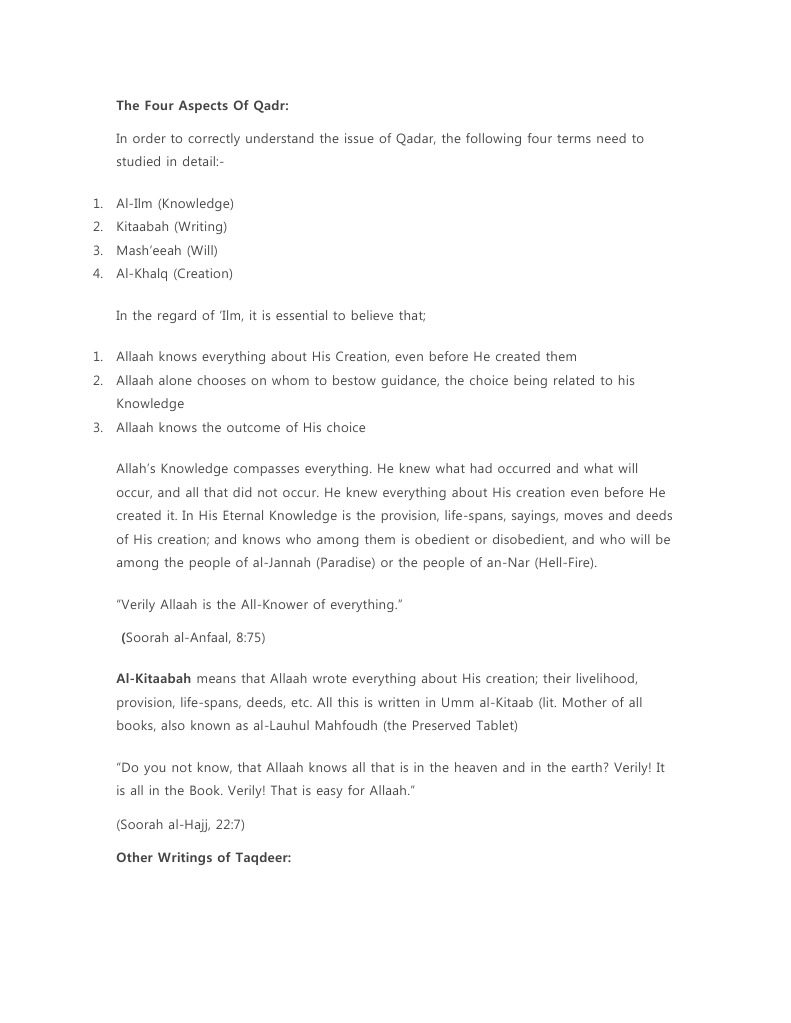 The Four Aspects of Qadr | PDF | Abrahamic Religions | Islamic Theology