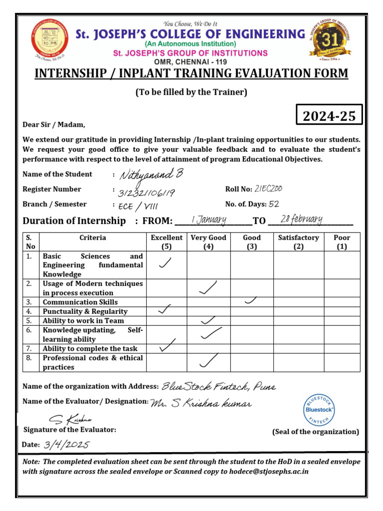 INTERNSHIP Evaluation Form Company | PDF