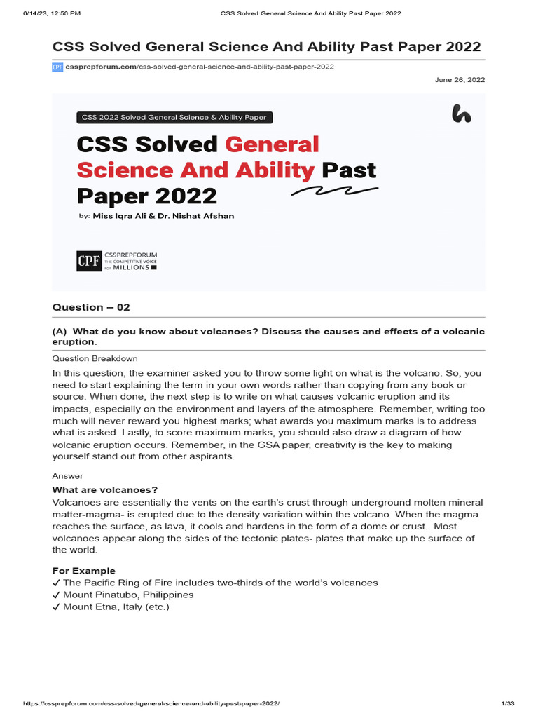 CSS Solved General Science and Ability Past Paper 2022 | PDF | Vaccines | Volcano