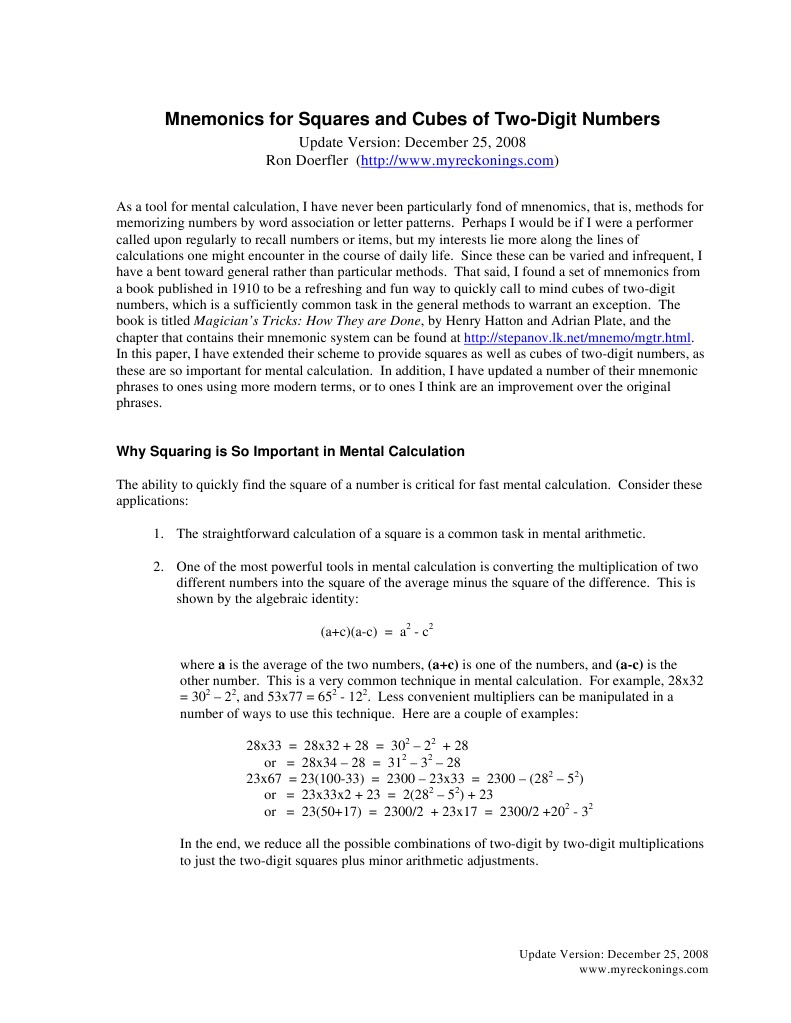 Mnemonics For Squares and Cubes | PDF | Multiplication | Numbers