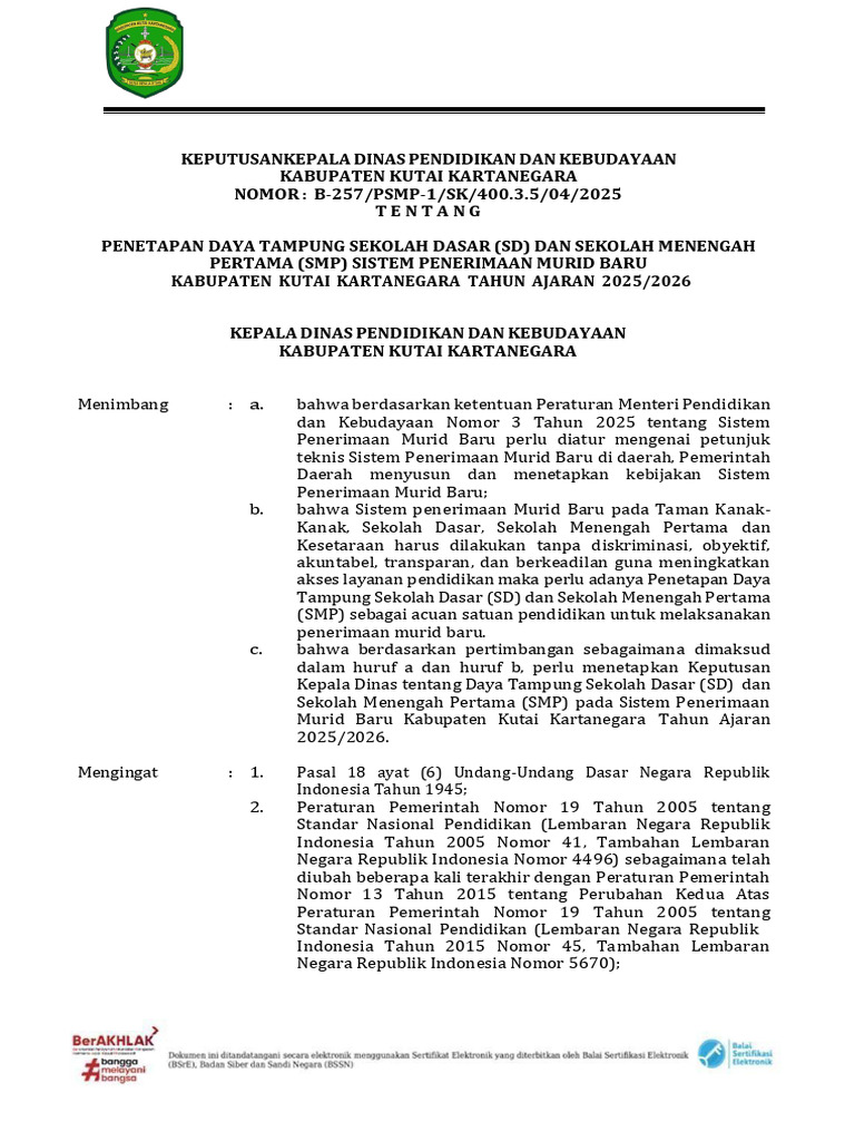 Contoh SK DAYA TAMPUNG KEPALA DINAS 2025 Revisi | PDF