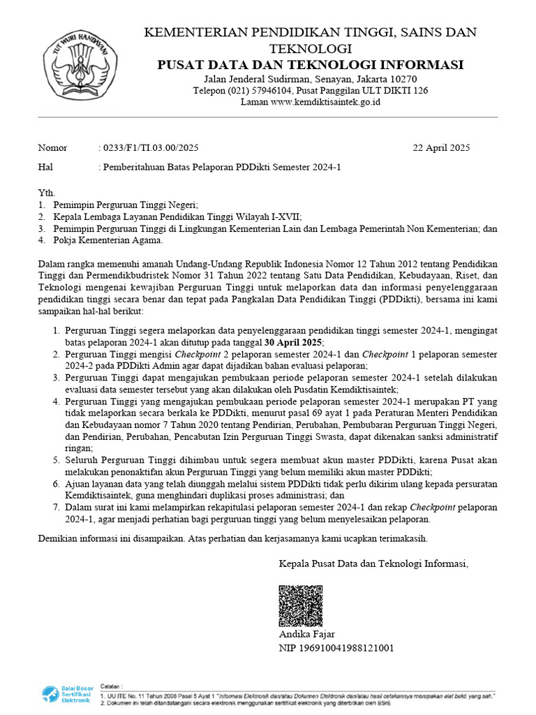 Surat Batas Pelaporan PDDikti Semester 20242025 Ganjil (Lampiran) | PDF
