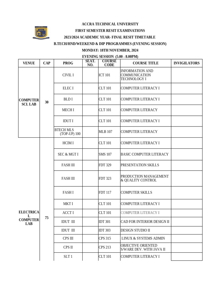 2023-2024 First Semester Resit Time Table - Evening & Weekend Session. | PDF | Electrical ...