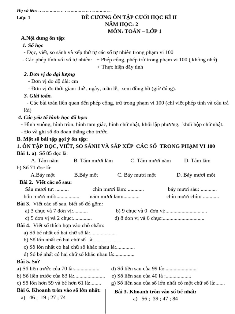 Đề Cương Toán 1 - CHK2 | PDF