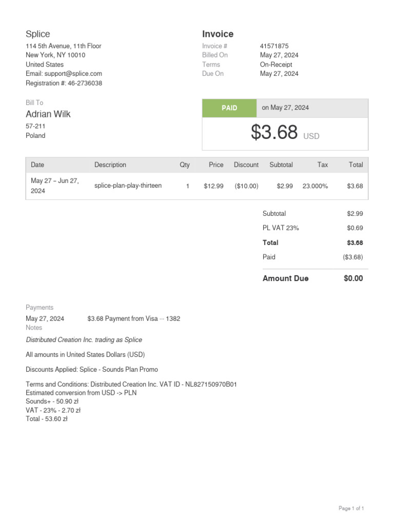 Splice Invoice 202405270841 | PDF