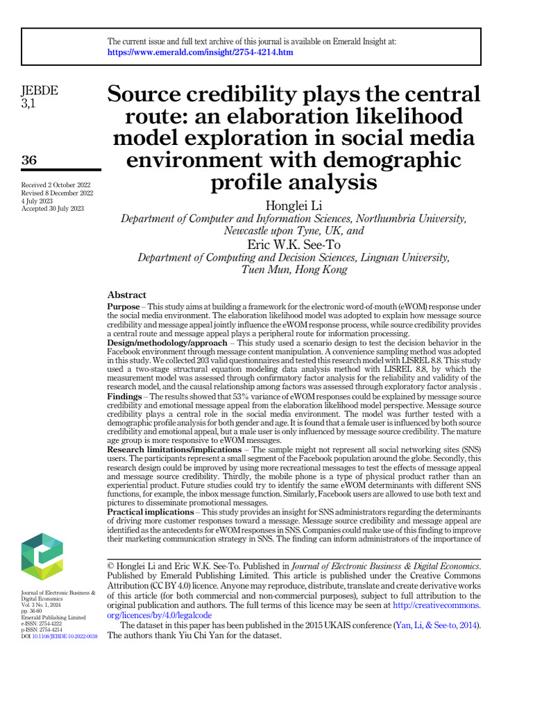 Source Credibility Plays The Central Route: An Elaboration Likelihood ...