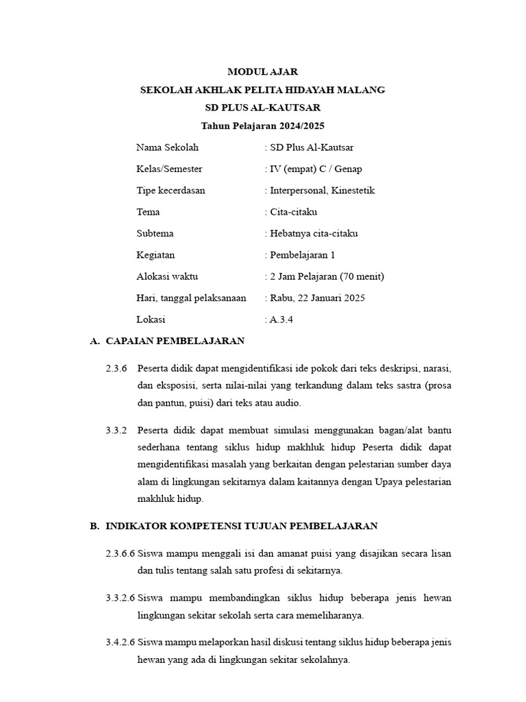 Modul Ajar Kelas IV 4c Tm6 Stm 2 Pb 1 | PDF