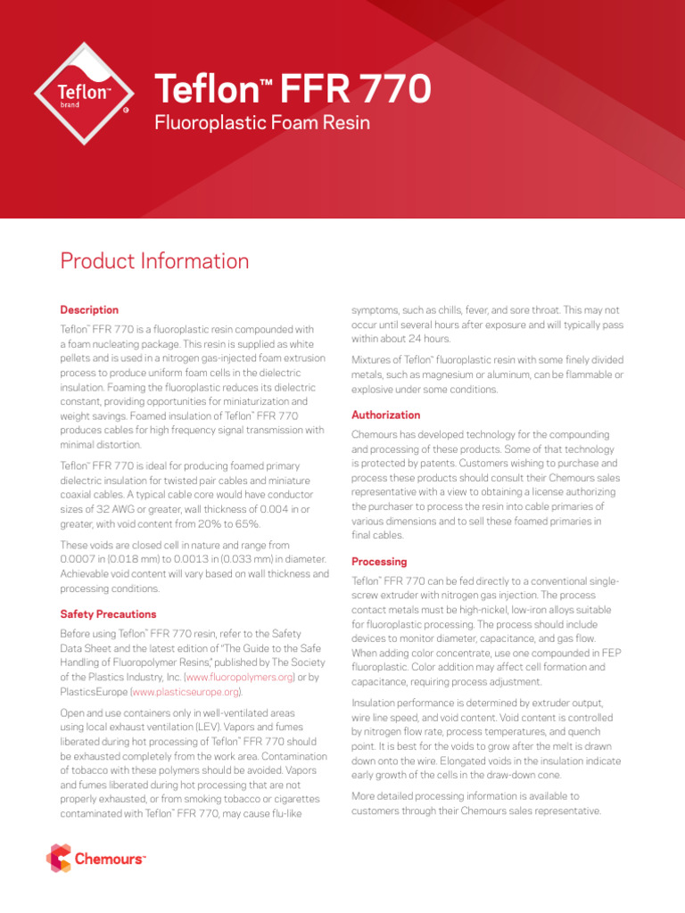Teflon™ FFR 770 Foam Resin Overview | PDF | Coaxial Cable | Materials